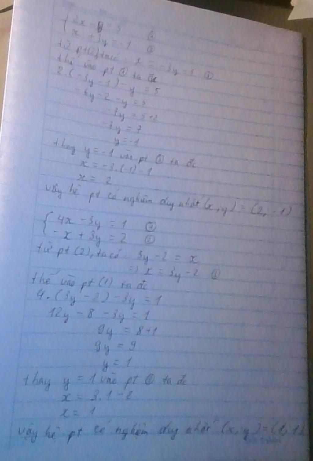 $\begin{cases} 2x-y=5\\x+3y=-1\\\end{cases}$ $\begin{cases} 4x-3y=1 ...