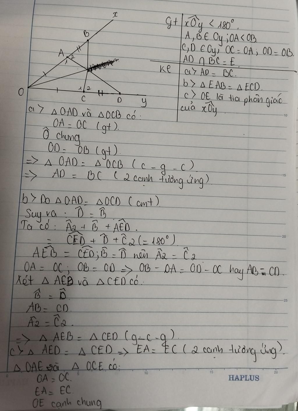 cho góc xOy khác góc bẹt.Lấy các điểm A,B thuộc Ox sao cho OA