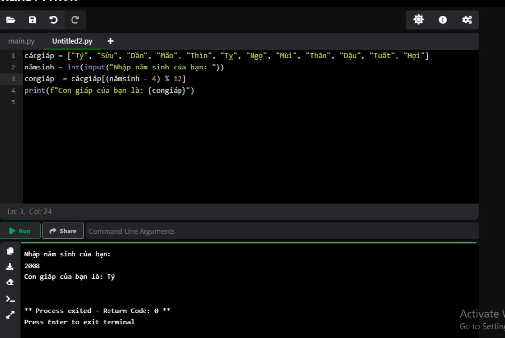 viết chương trình python nhập vào màn hình năm sinh và in ra màn hình ...