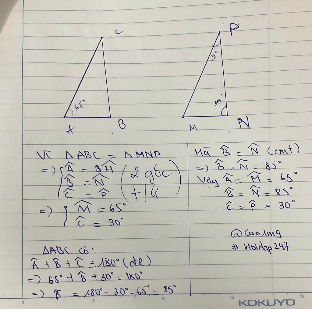 cho tam giác ABC = tam giác MNP, biết góc A + 65 độ , góc P = 30 độ.Tính số đo các góc còn lại ...