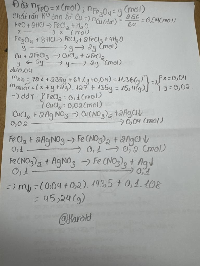 Hòa tan 11,36 gam hỗn hợp X gồm Cu, FeO và Fe3O4 trong dung dịch HCI, sau phản ứng thu được dung ...