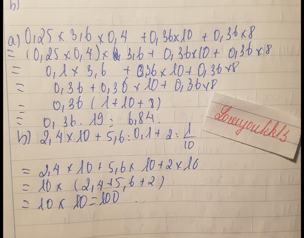 Tính bằng cách thuận tiện a)0,25x3,6x0,4+0,36x10+0,36x8 b)2,4x10+5,6:0 ...