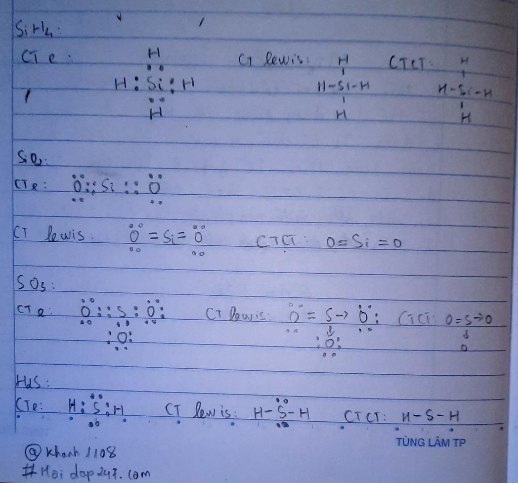 viết công thức e ,công thức lewis và công thức cấu tạo của SiH4, SiO2 ...