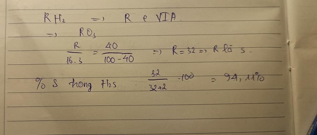 nguyên tố R tạo hợp chất khí với hydrogen có dạng RH2 phần trăm khối ...