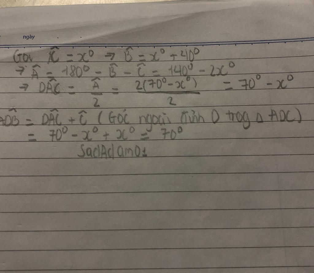 cho tam giác ABC,tia phân giác AD của góc A cắt BC tại D.Tính góc ADB biết góc B-góc C=40 độ