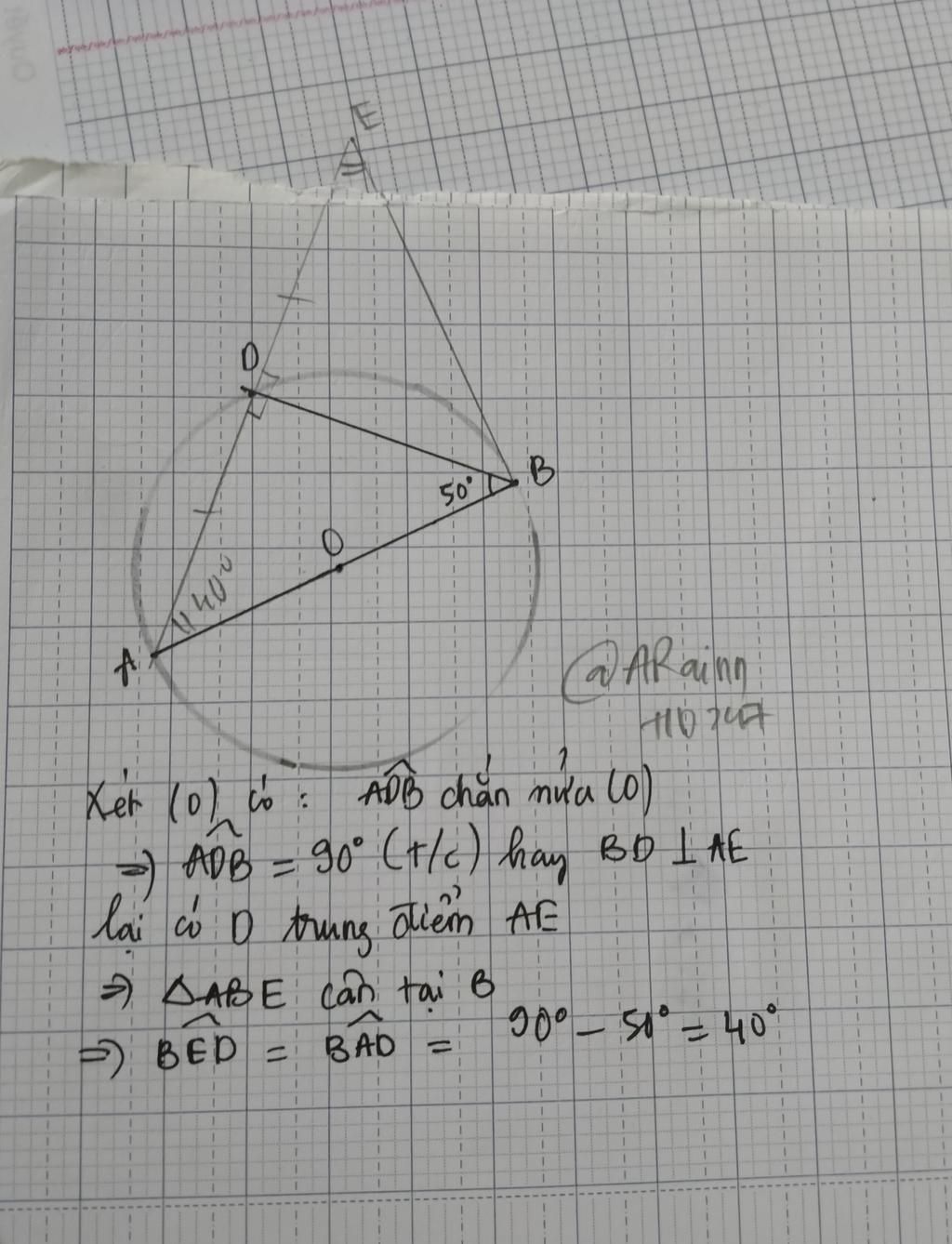 Cho (O; AB) ,điểm D thuộc (O) sao cho ABD = 50 độ.Gọi E là điểm đối ...