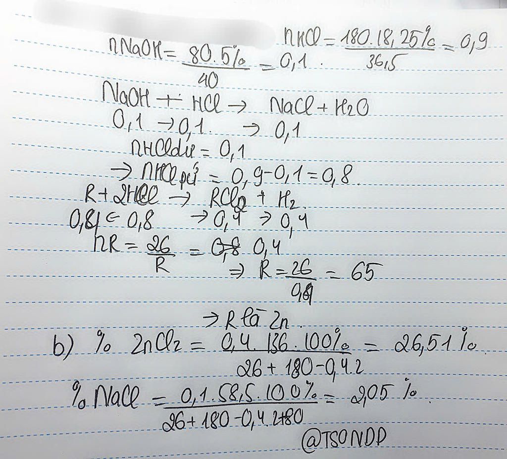 hòa tan hoàn toàn 26g kim loại R hóa trị II vào 180 g dung dịch HCl 18 ...