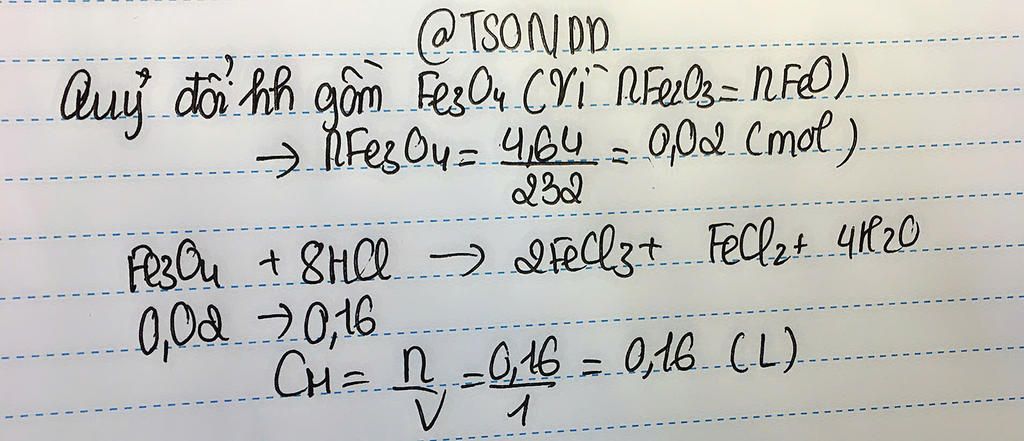 Để hòa tan hoàn toàn 4,64 gam hỗn hợp gồm FeO, Fe3O4 và Fe2O3 (trong đó số mol FeO bằng số mol ...