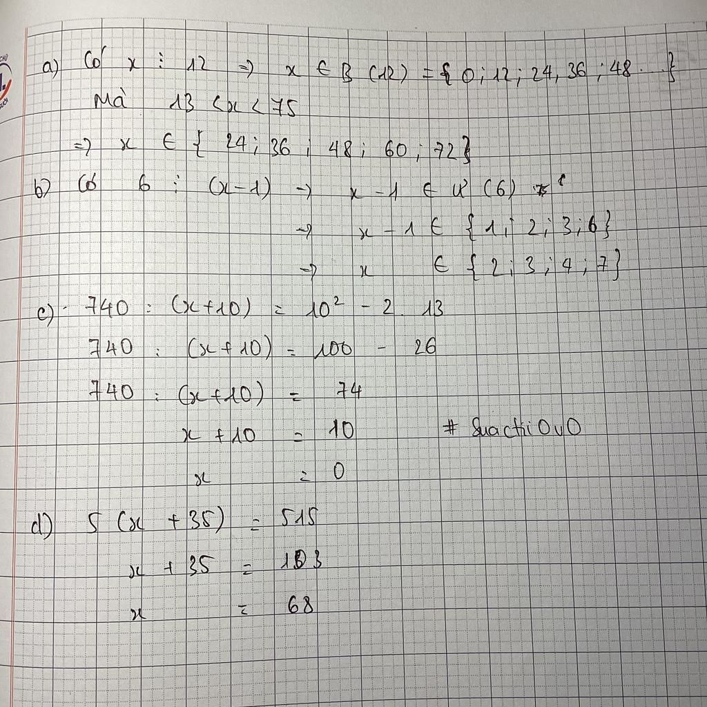 Tìm x biết a, xchia hết cho 12 và 13