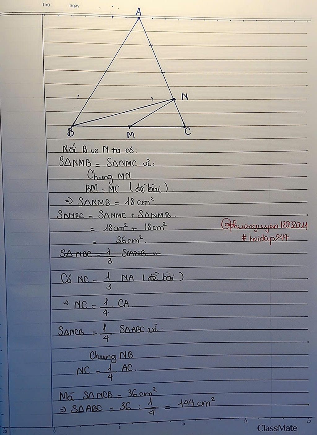 Cho tam giác ABC trên BC lấy điểm M sao cho BM bằng 1/2 BC trên AC lấy ...