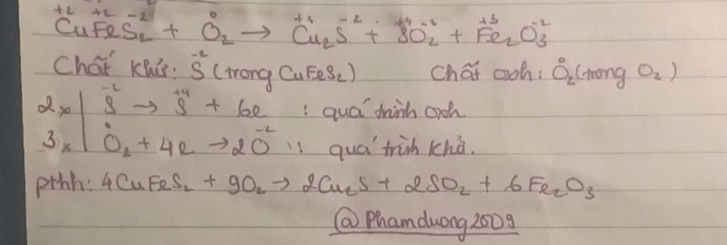 CuFeS2 + O2 -> Cu2S + SO2 + Fe2O3 cân bằng = pp thăng = e làm chi tiết ...