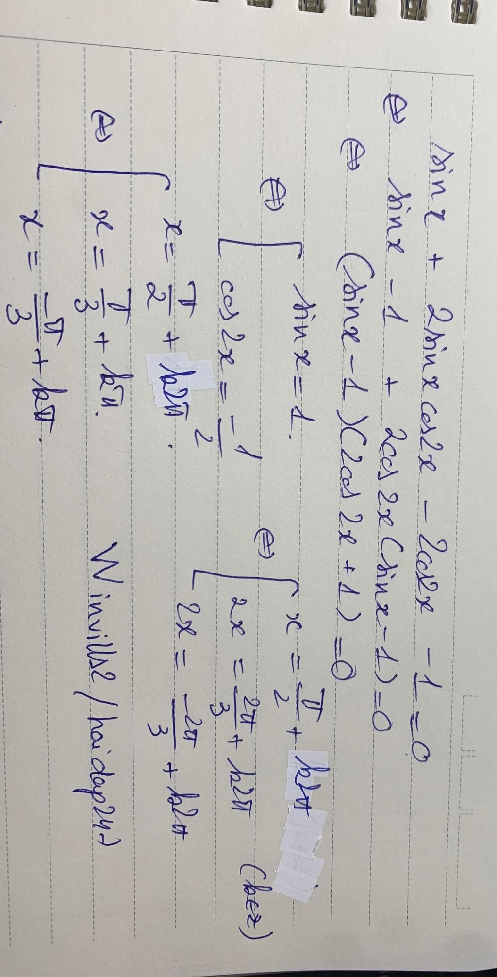 `sin(x) + 2sin(x).cos(2x) - 2cos(2x) - 1 =0`. Tính tổng các nghiệm trên ...