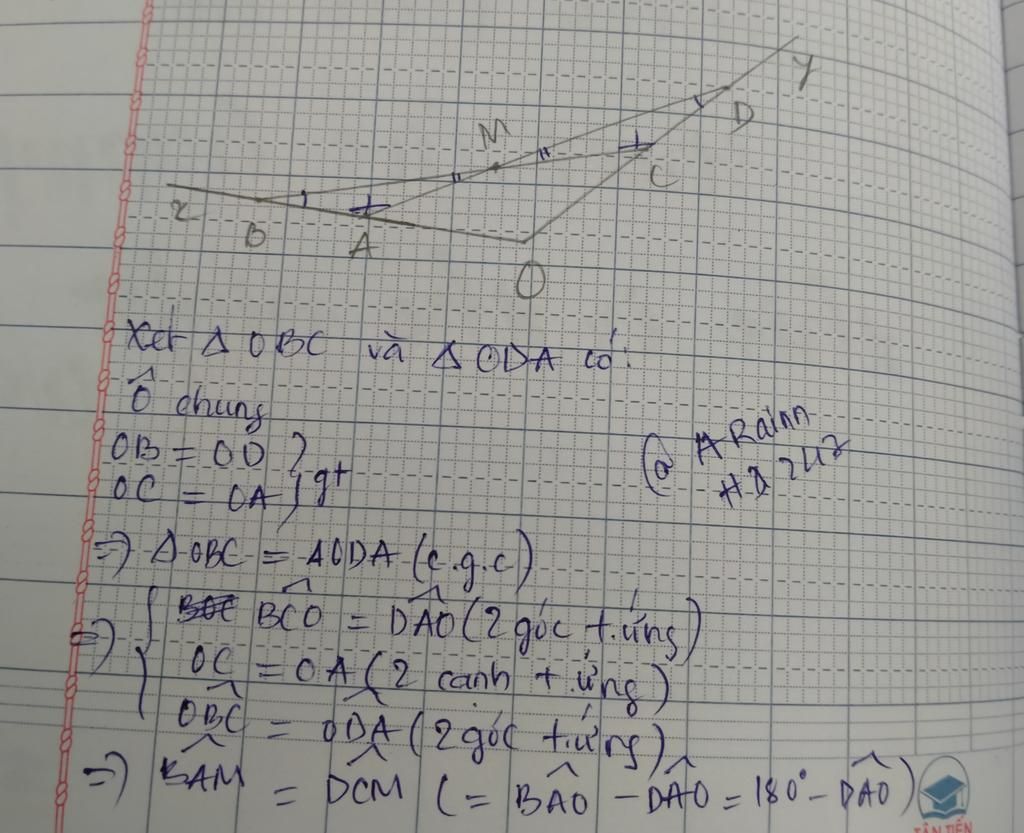 Cho góc `xOy`. Lấy điểm `A, B` thuộc tia `Ox` sao cho `OA