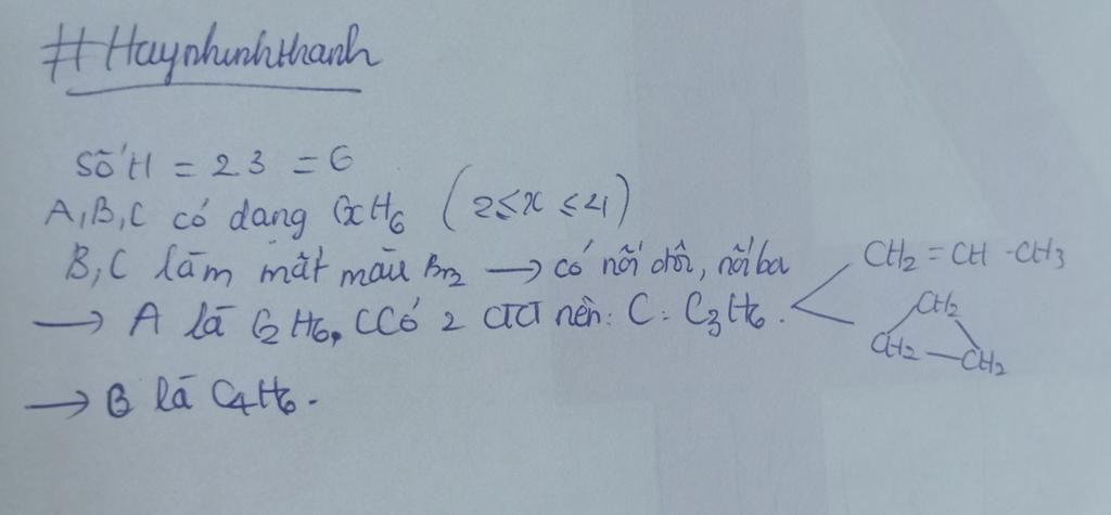 Cho A, B, C là 3 hidrocacbon khí ở điều kiện thường. Khi phân hủy A, B, C đều tạo ra cacbon và ...
