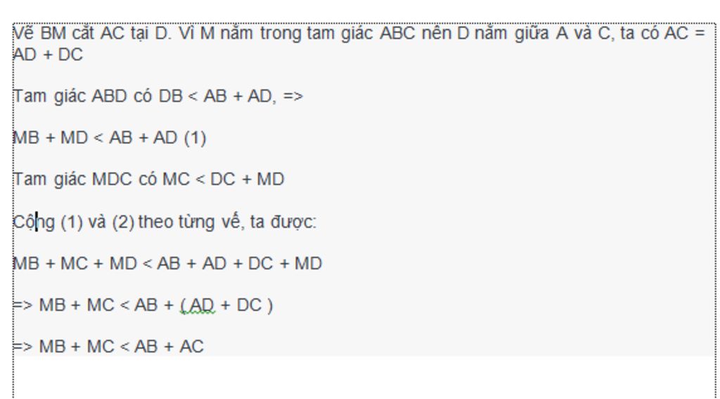 cho abc gọi m là 1 điểm bất kì trong abc a, chứng minh ma+mb+mc>ab+bc ...