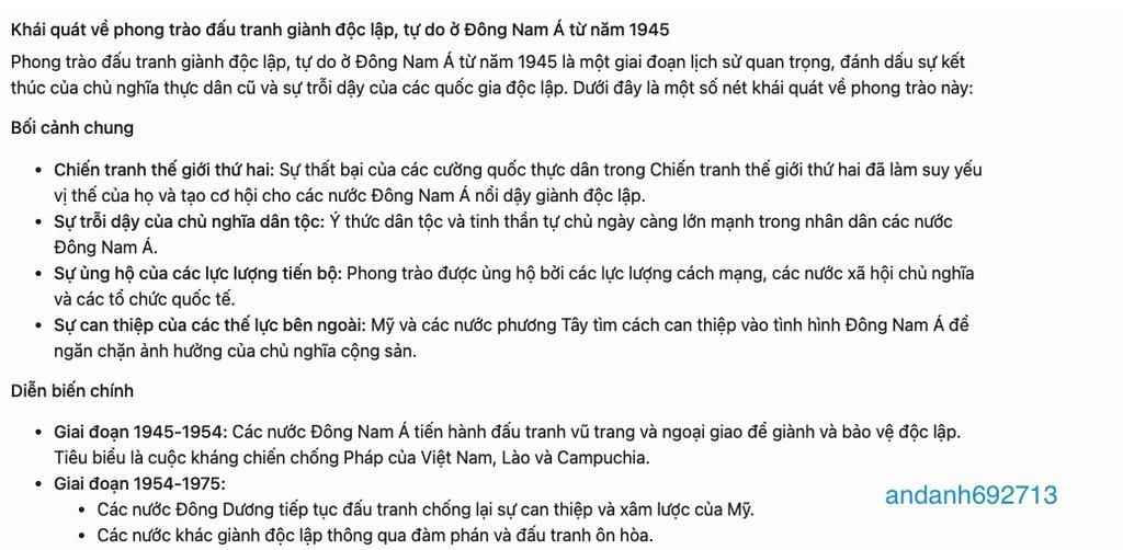 Nêu khái quát về phong trào đấu tranh giành độc lập ở Đông Nam Á từ năm ...