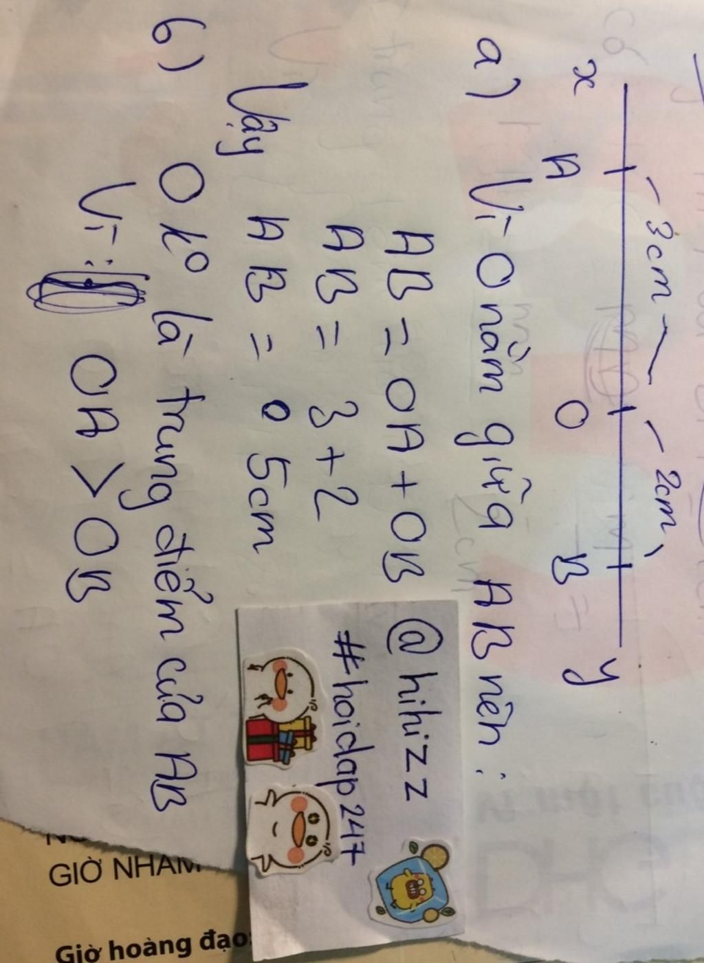 bài 3: vẽ hai tia Ox và Oy là 2 tia đối nhau. Trên tia Ox lấy điểm A, trên tia Oy lấy điểm B, s ...