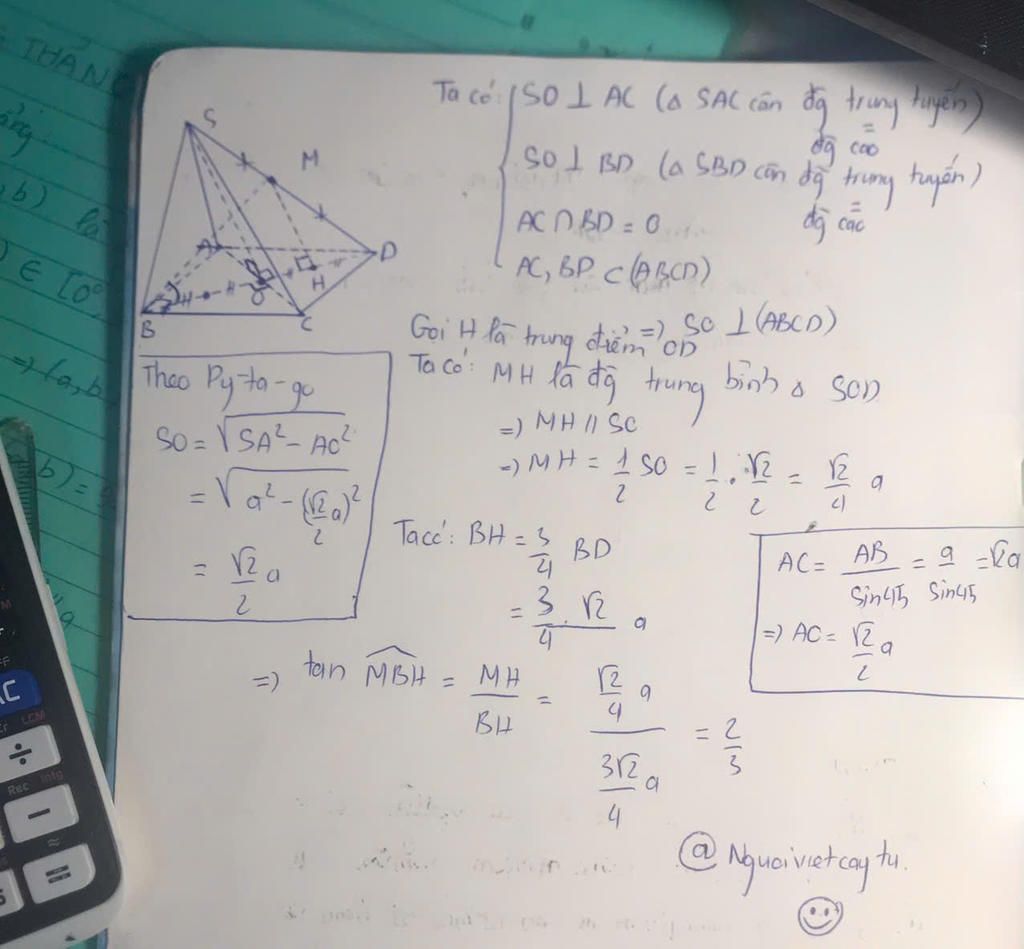 Cho hình chóp S.ABCD có tứ giác ABCD là hình vuông cạnh a, SA = SB = SC ...