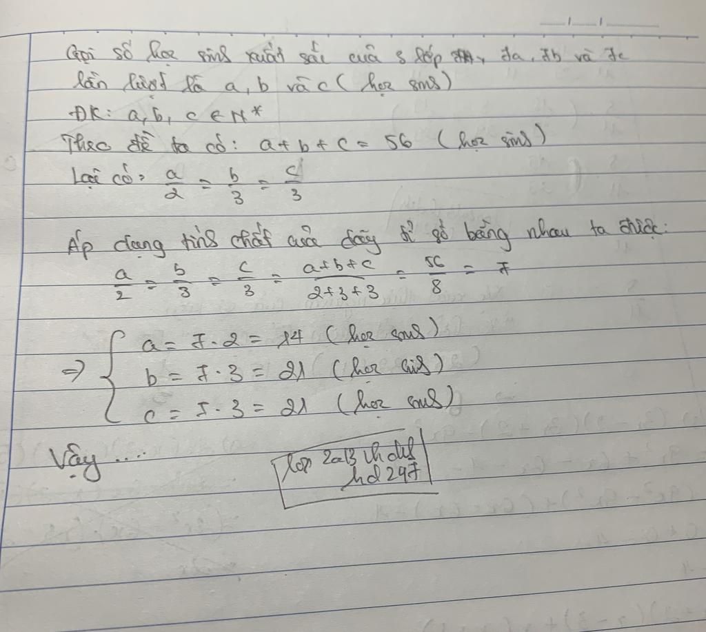 Ba lớp 7a, 7b, 7c có số học sinh xuất sắc tỉ lệ với 2; 3; 3. tính số ...