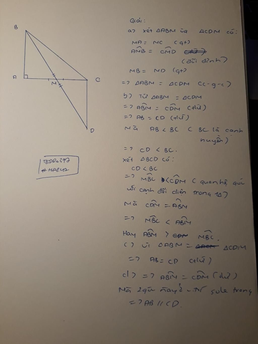 cho tam giác ABC vuông tại A, BM là trung tuyến. Trên tia đối của tia ...