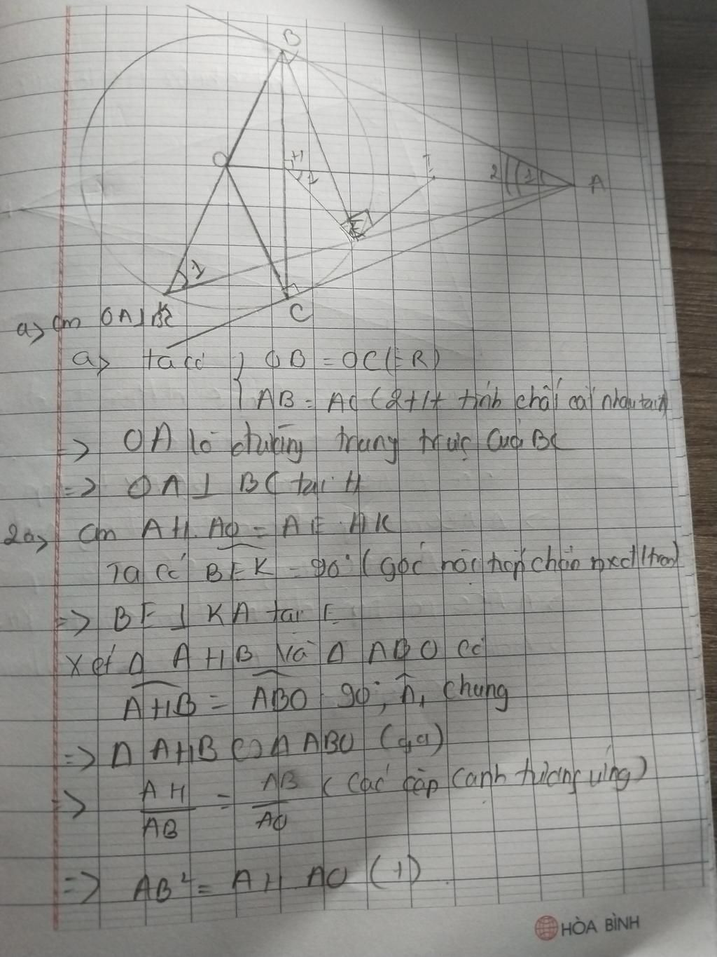 Từ điểm A nằm ngoài đường tròn (O;R) vẽ hai tiếp tuyến AB, AC (A,B là ...