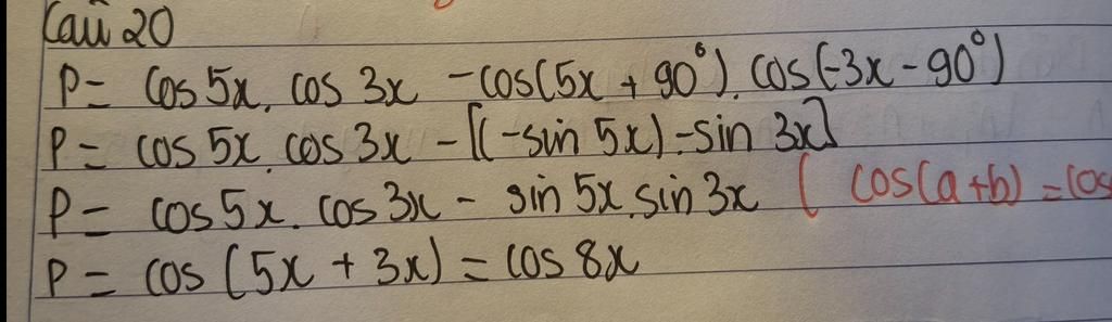 Cho biểu thức P=cos 5x.cos 3x-cos(5x+90^ ). cos(- 3x - 90 deg) . Sau khi đơn giản hóa, ta được ...