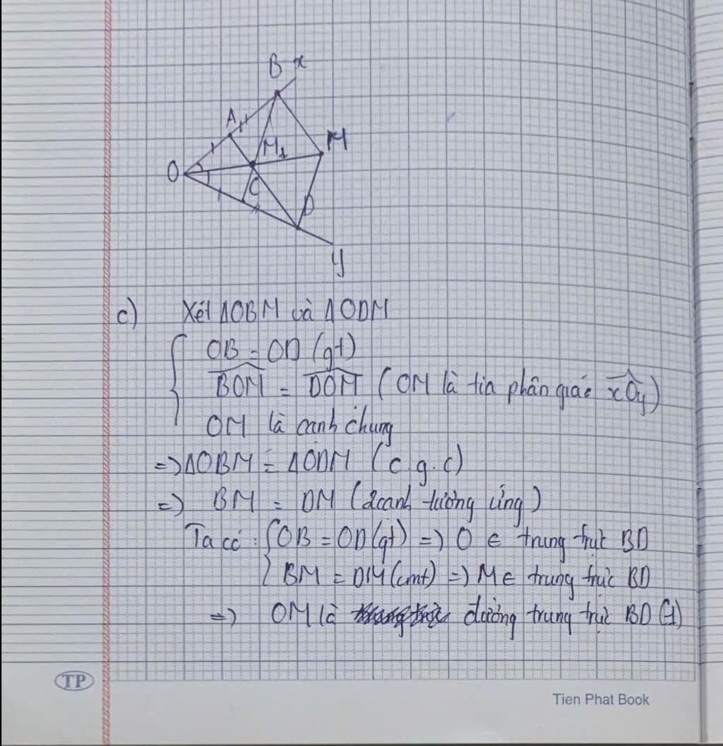 Gấp ạ :Cho góc xOy nhọn , OM là tia phân giác của góc xOy .Trên tia Ox,lấy hai điểm A và B ;trên ...