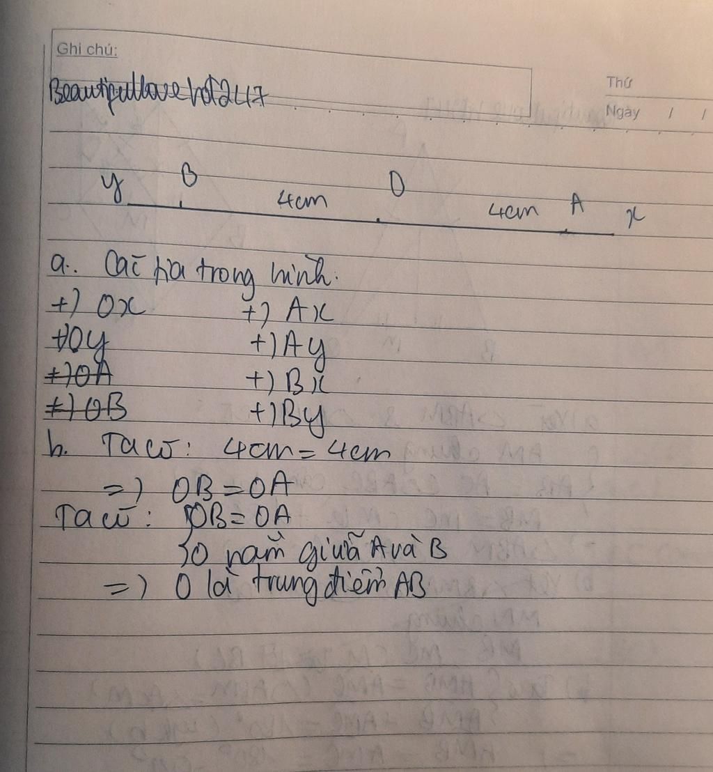 cho tia Ox và Oy là 2 tia đối nhau.Trên tia Ox lấy điểm A và trên tia Oy lấy điểm B sao cho OA ...