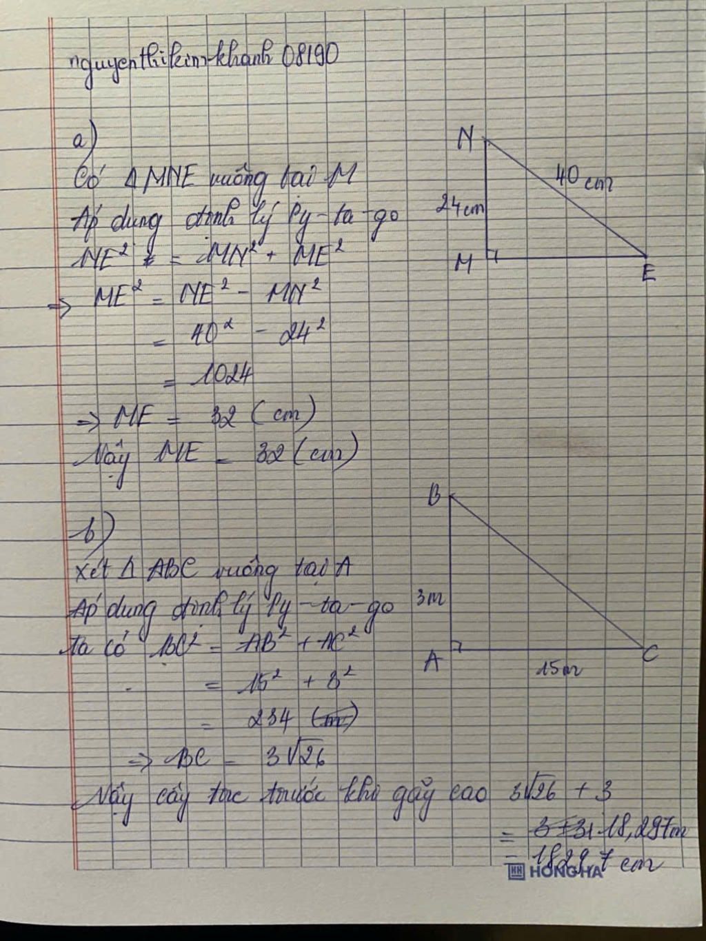 bài1 a) tam giác MNE vuông tại M có MN=24cm , NE=40cm thì ME=......(cm ...