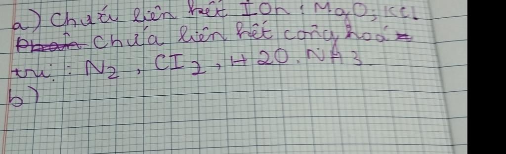 Câu 12: Cho các phân tử sau: MgO, N2, Cl2, KCl, H2O, NH3. a, Phân tử ...
