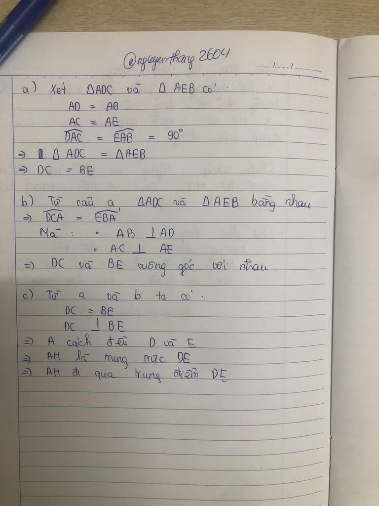 cho ABC nhọn có AB>AC. Vẽ ra ngoài ABC các ABD vuông cân tại A và ACE ...