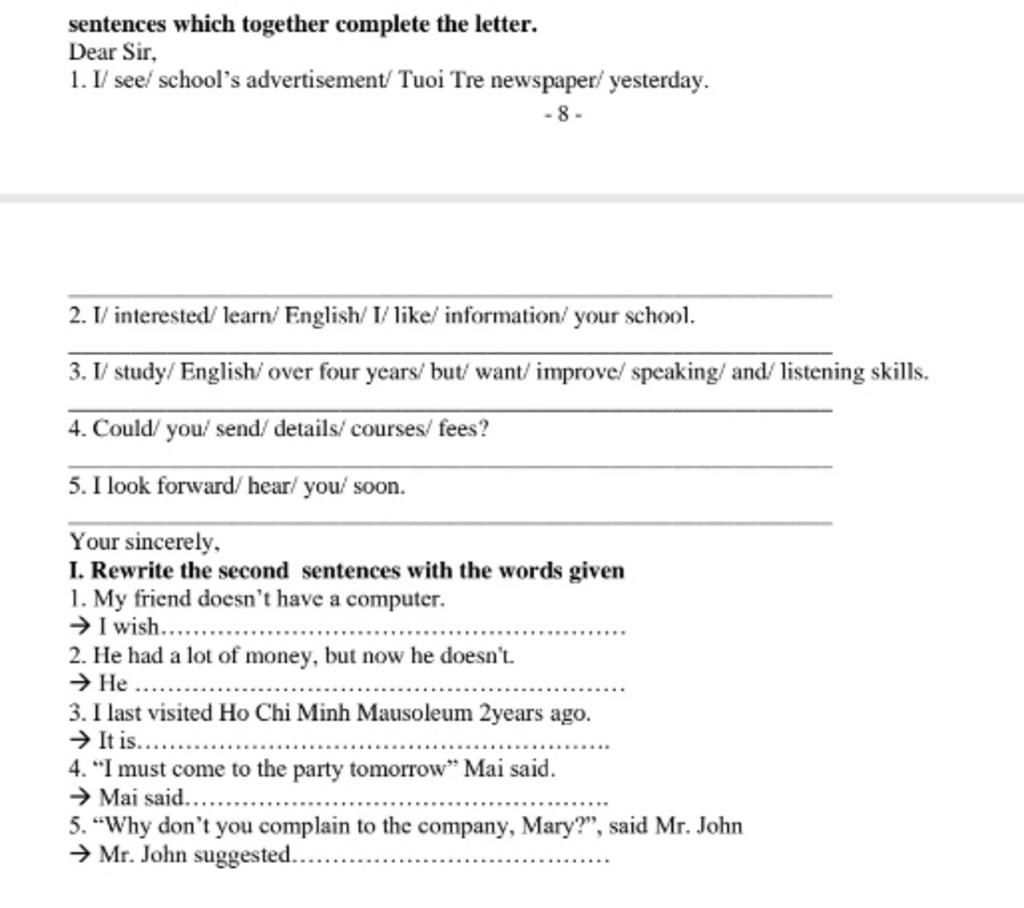 Sentences Which Together Complete The Letter Dear Sir 1 I See