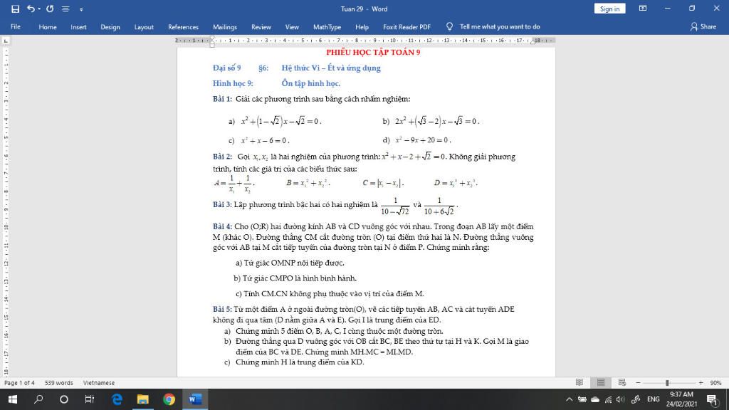 Tuan 29 - Word Sign in References Mailings Math Type Foxit Reader PDF O Tell me what you want to ...