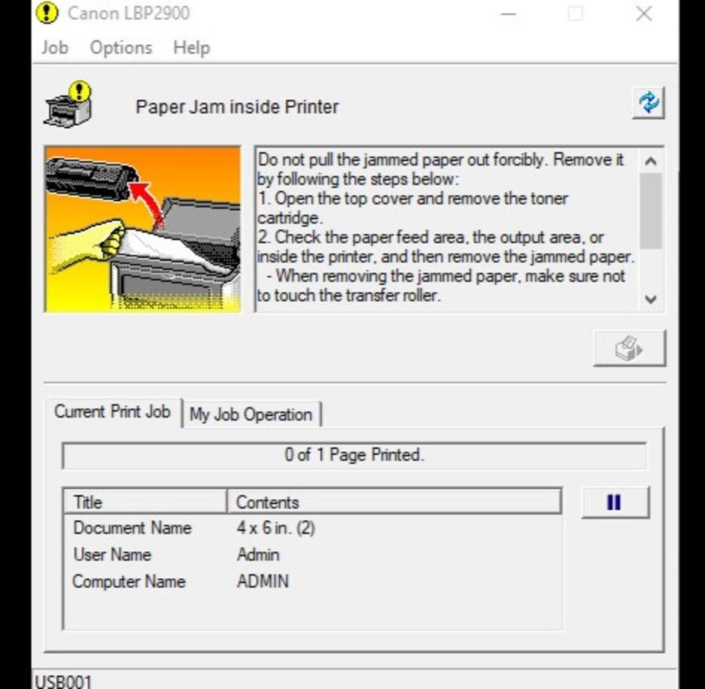 Canon LBP2900 Job Options Help Paper Jam inside Printer Do not pull the ...
