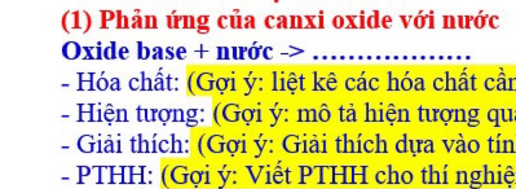 (1) Phản ứng của canxi oxide với nước Oxide base + nước -> ... - Hóa ...