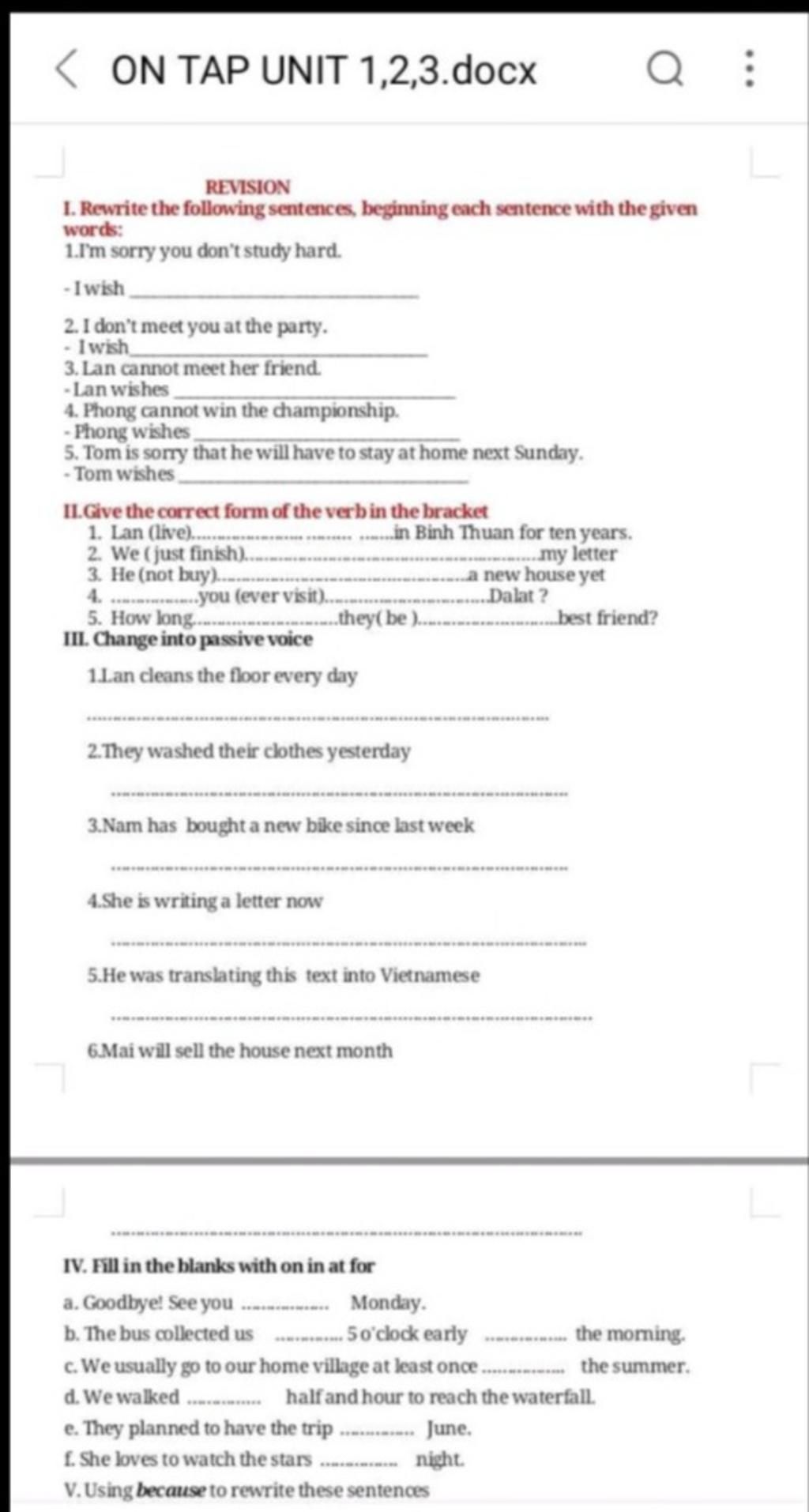 K ON TAP UNIT 1,2,3.docx REVISION I. Rewrite the following sentences ...