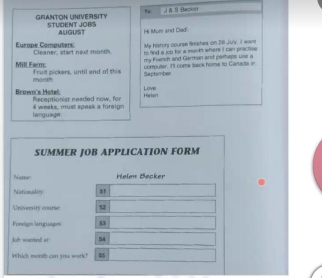 To: J&S Becker GRANTON UNIVERSITY STUDENT JOBS AUGUST Hi Mum and Dad My history course finishes ...