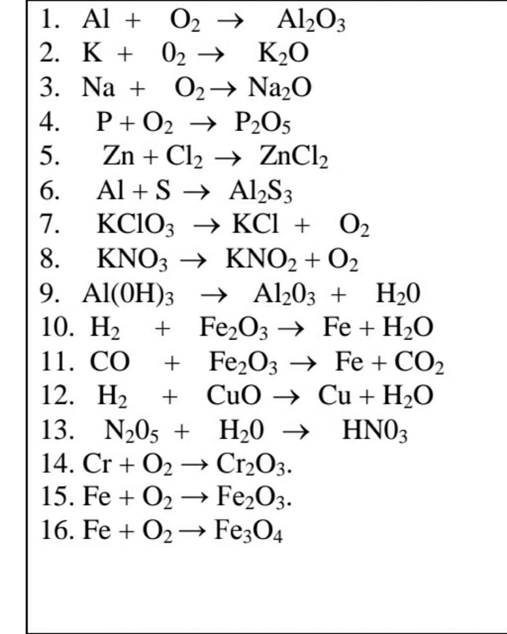 1. Al + O2 → 2. K + 02 → K½O 3. Na + O2→ Na2O P + O2 → P2O5 Zn + Cl2 → ...