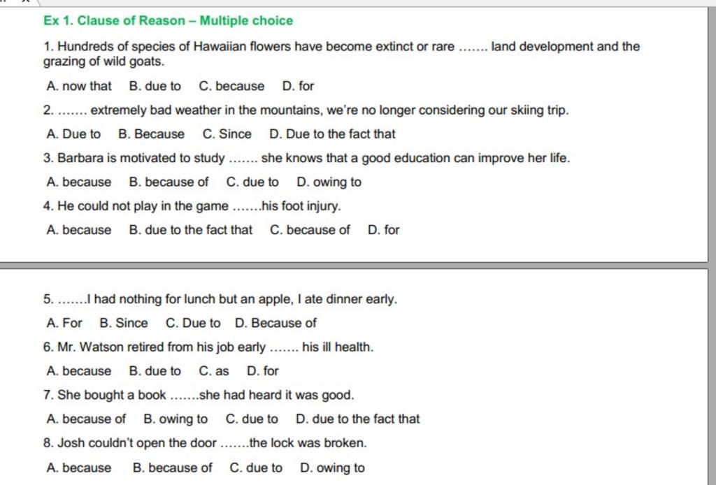 Ex 1. Clause of Reason- Multiple choice 1. Hundreds of species of ...