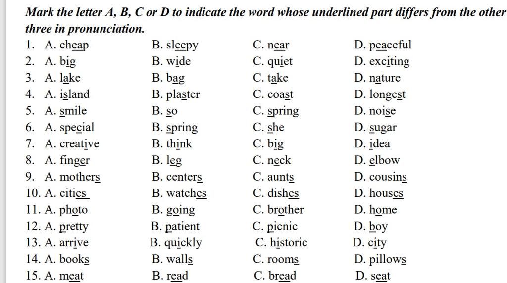Mark the letter A, B, C or D to indicate the word whose underlined part differs from the other ...
