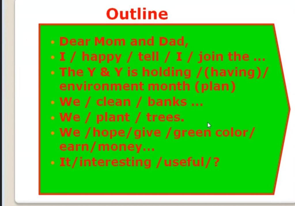 Outline Dear Mom and Dad, I/ happy/ tell / I/join the... The Y & Y is ...