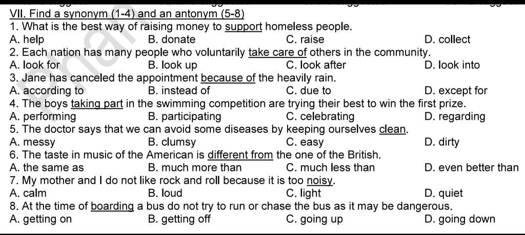 VII. Find a synonym (1-4) and an antonym (5-8) 1. What is the best way ...