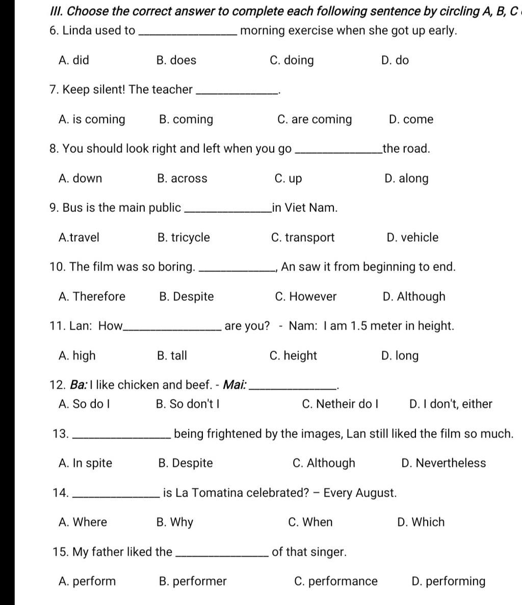 II Choose The Correct Answer To Complete Each Following Sentence By