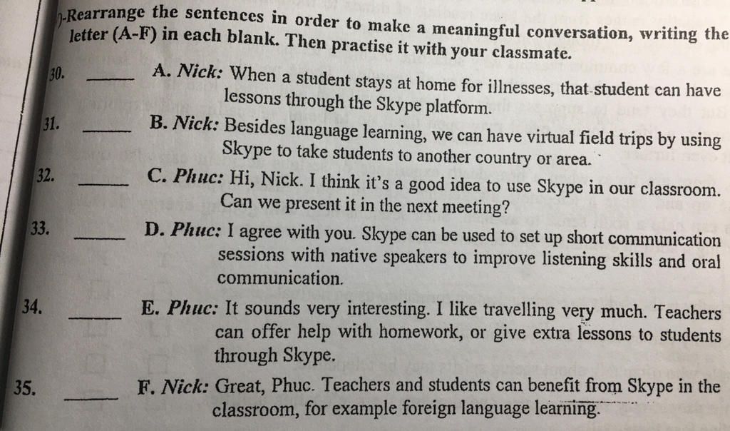 Rearrange the sentences in order to make a meaningful conversation ...
