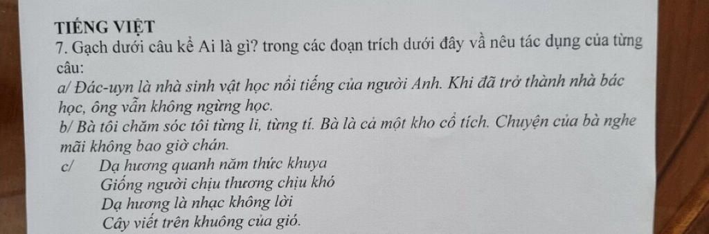TIẾNG VIỆT 7. Gạch dưới câu kế Ai là gì? trong các đoạn trích dưoi đây ...