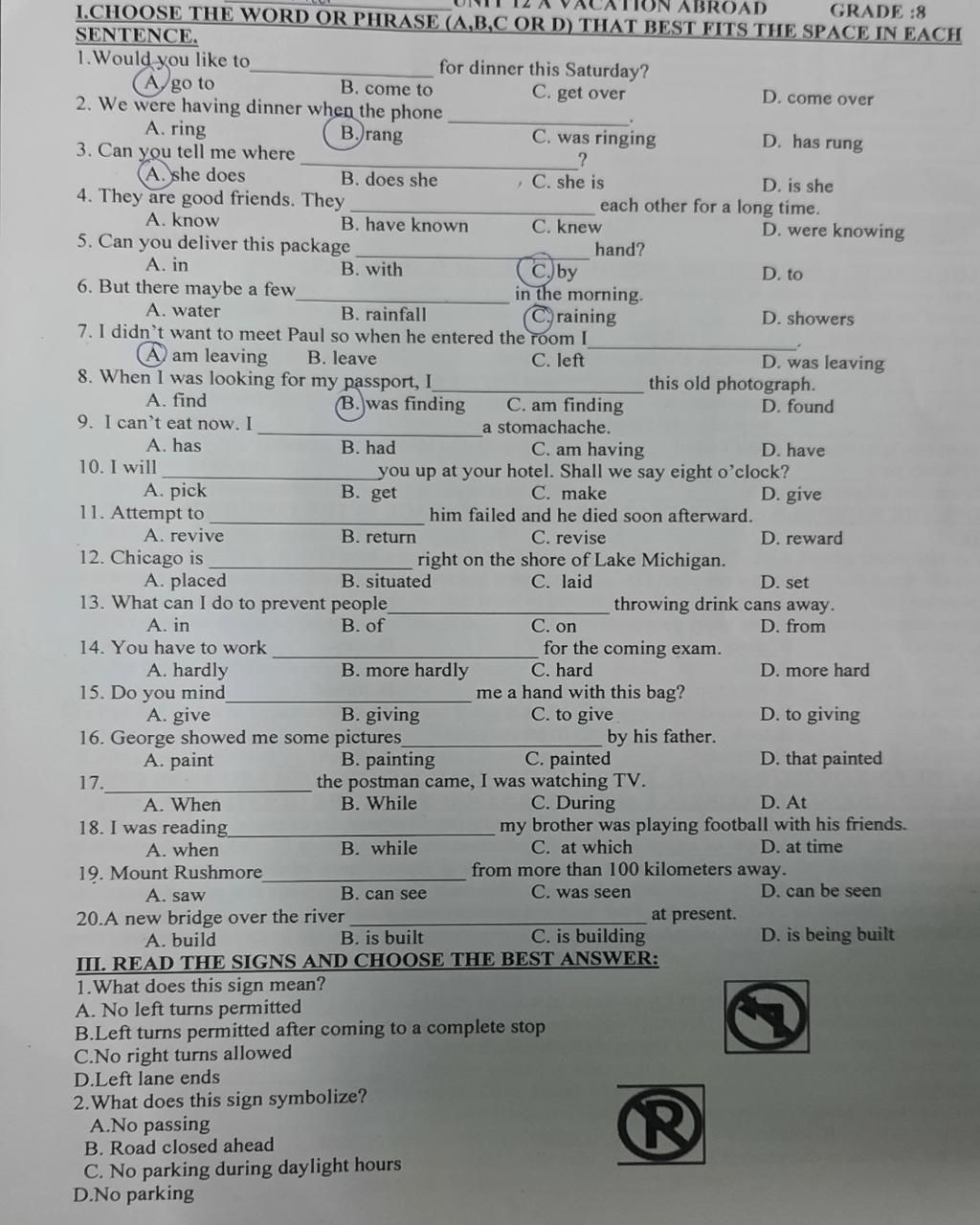 ABROAD I.CHOOSE THE WORD OR PHRASE (A,B,C OR D) THAT BEST FITS THE ...