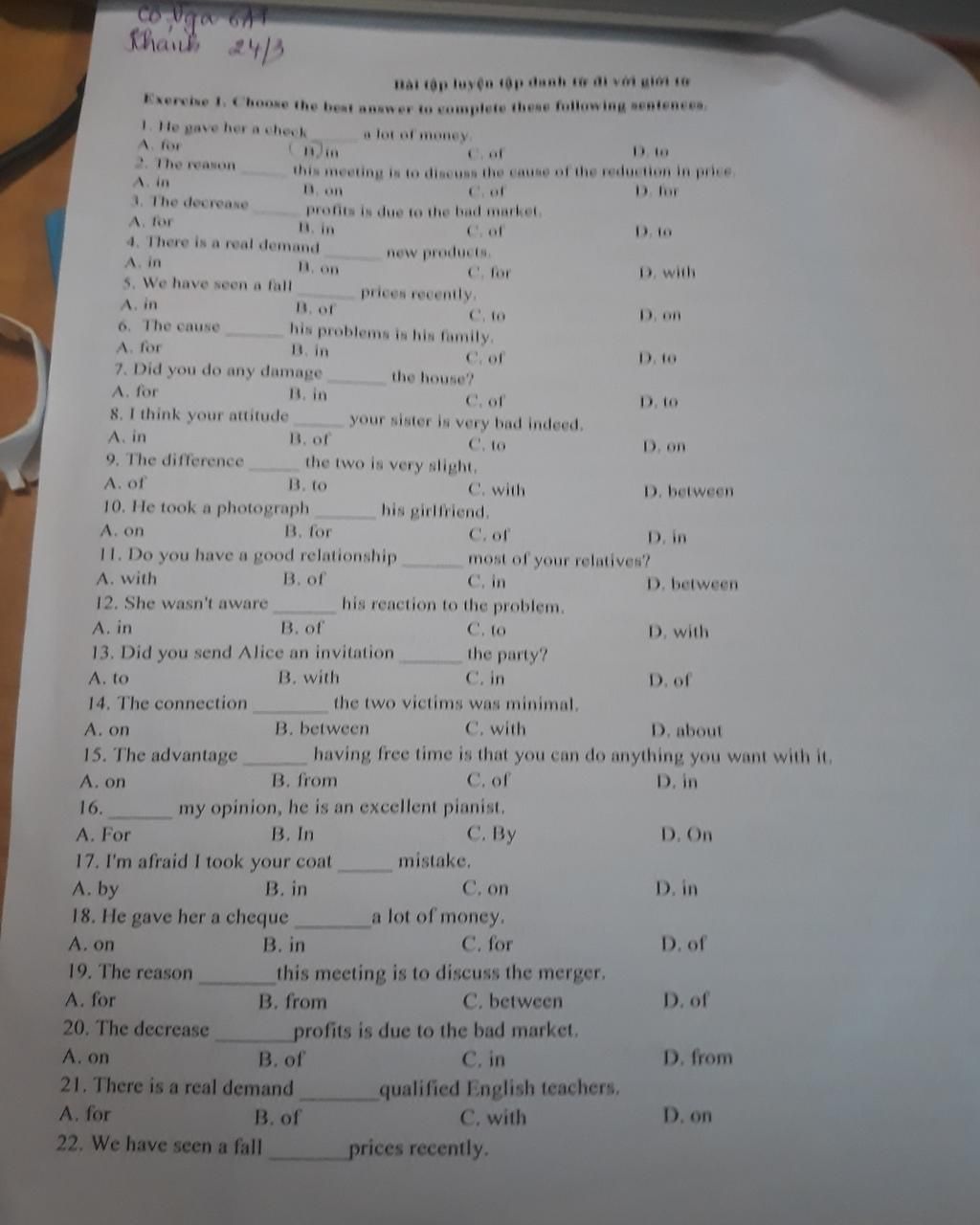 Shauh 243 Hai tập luyện 1op danh từ đi với gioi to Exercise 1. Choose ...