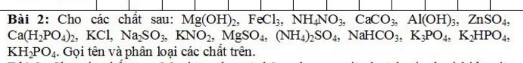 Bài 2: Cho các chất sau: Mg(OH)2, FeCl;, NH,NO, CaCO3, Al(OH);, ZnSO4 ...