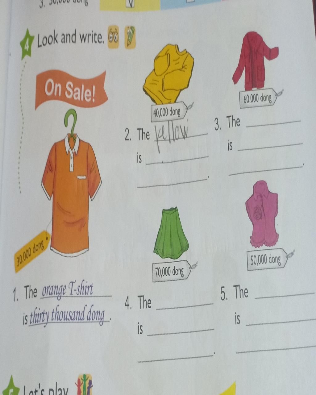 Look and write. 60 On Sale! 60,000 dong 40,000 dong 2. The 3. The is is ...