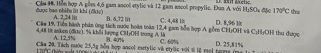 axit axetic. · Câu 18. Hỗn hợp A gồm 4,6 gam ancol etylic và 12 gam ...